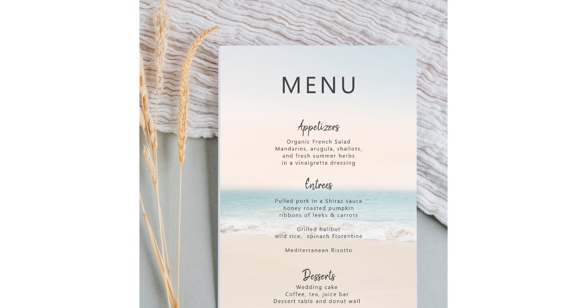 Modern Beach Wedding 3 Course Dinner Menu | Zazzle