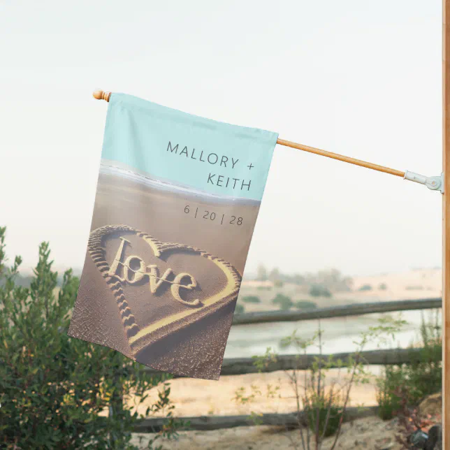 Modern Beach with Heart Vellum Style Wedding House Flag | Zazzle