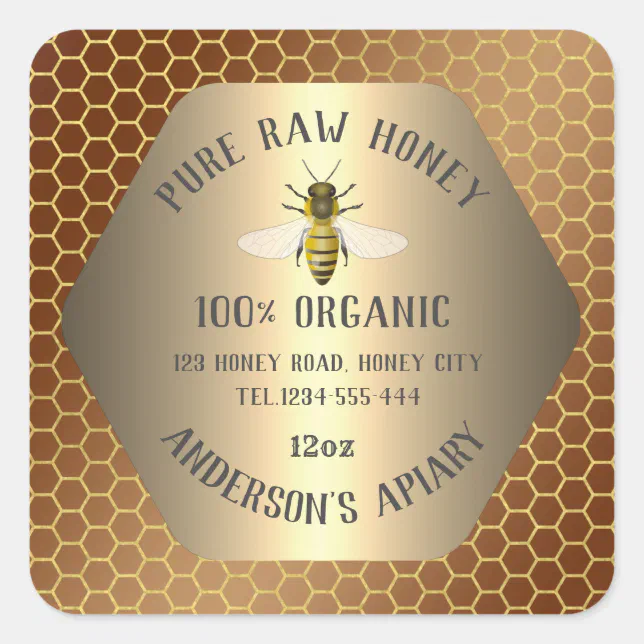 Modern bee honey comb honey jar square sticker | Zazzle