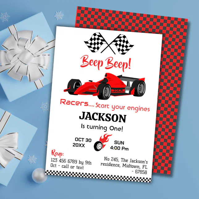 Modern beep beep red race sports car 1st birthday invitation | Zazzle
