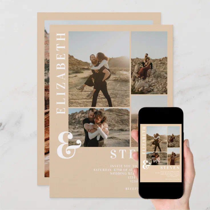 Modern beige ampersand 5 photo grid wedding invitation | Zazzle