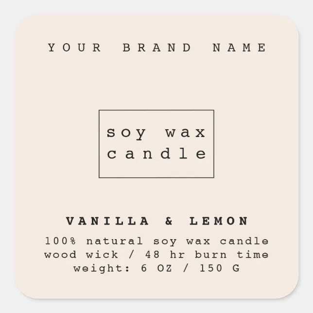 Modern beige cosmetics packaging candle square sticker | Zazzle