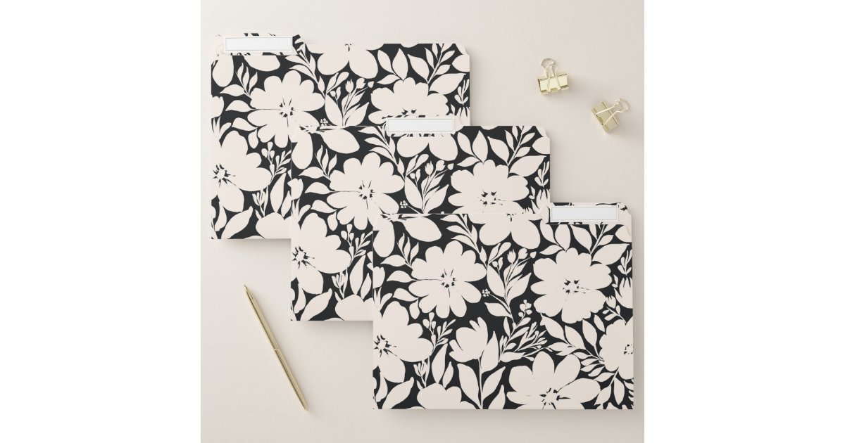 Modern Beige Flowers Black Botanical File Folder | Zazzle
