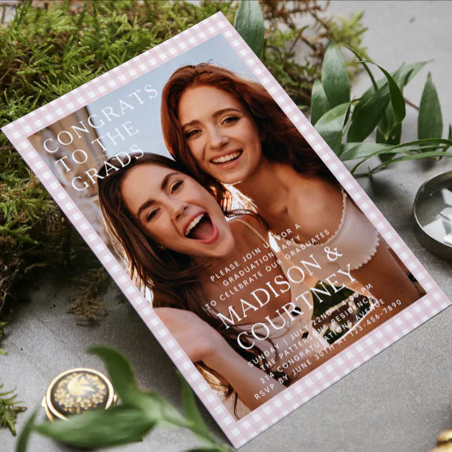 Modern Beige Gingham Photo Graduation Party Invitation | Zazzle