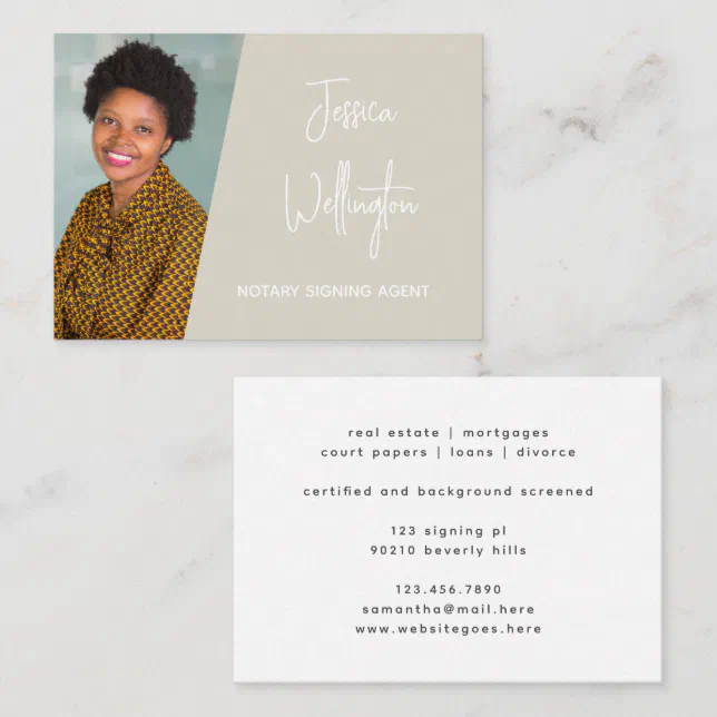 Modern Beige Signature Script Notary Lawyer Photo Business Card | Zazzle