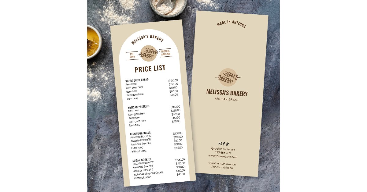 Modern Beige Sourdough Bread Bakery Price List Rack Card | Zazzle