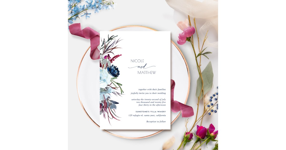 Modern Berry Burgundy and Blue Floral Wedding Invitation | Zazzle
