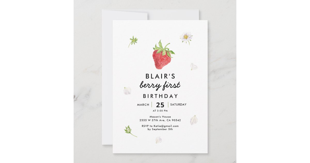 Modern Berry First Birthday Strawberry Theme Invitation | Zazzle
