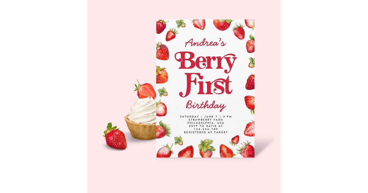 Modern Berry First Strawberry Birthday for Girls Invitation | Zazzle
