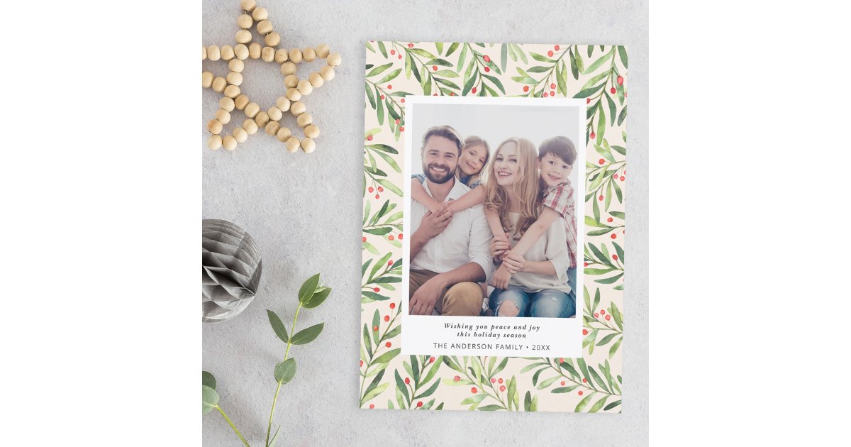 Modern Berry Greenery Christmas Photo Cream Holiday Card | Zazzle