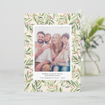 Modern Berry Greenery Christmas Photo Cream Holiday Card | Zazzle