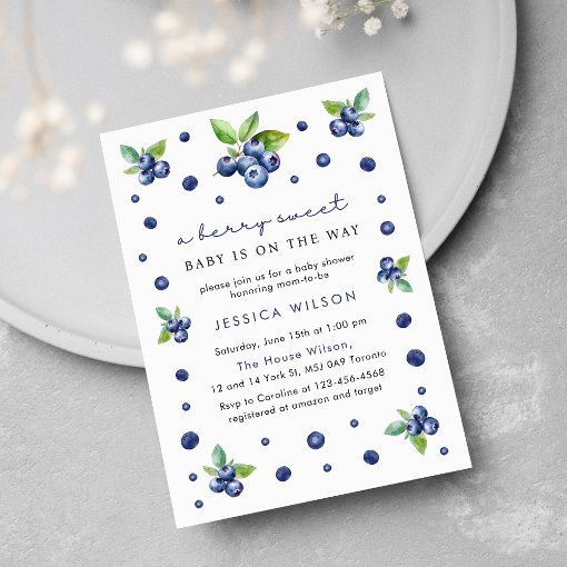 Modern Berry Sweet Baby Shower Blueberries Invitation | Zazzle