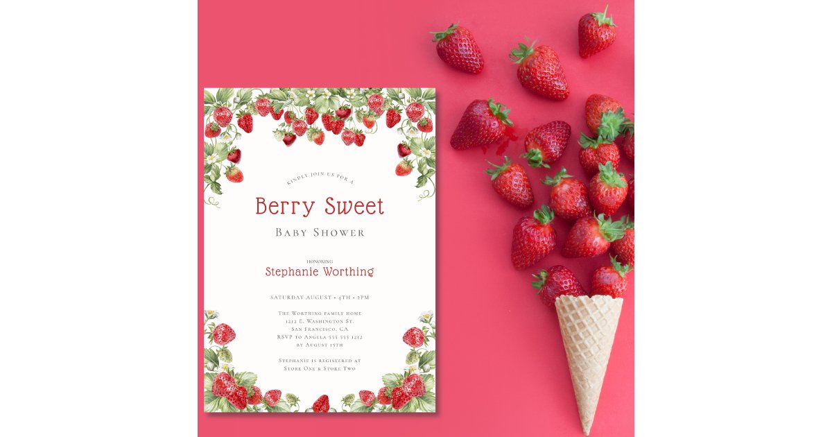 Modern Berry Sweet Strawberry Baby Shower Invitation | Zazzle