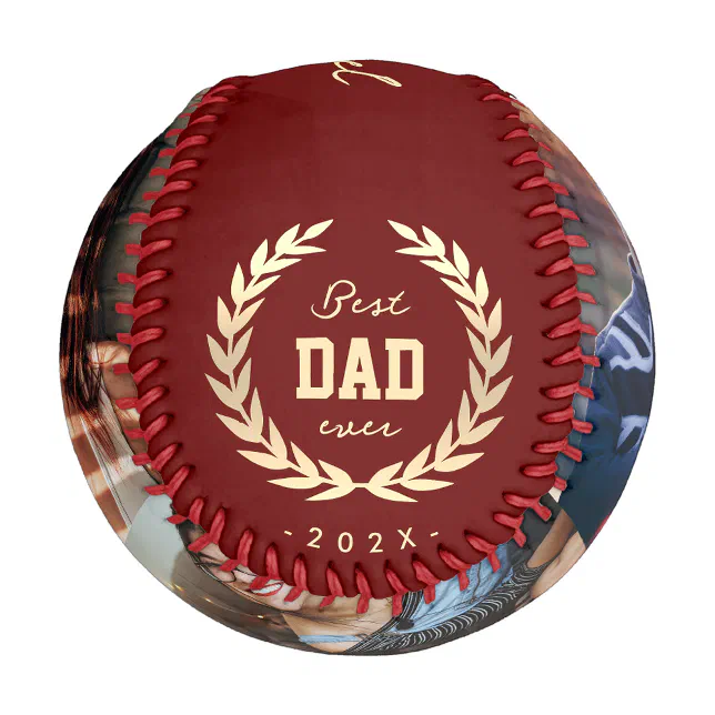 Modern Best Dad Ever 3 Photo Red Gold Baseball | Zazzle