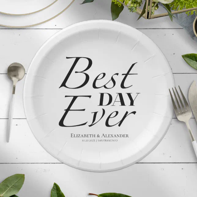 Modern Best Day Ever | Black & White Wedding Paper Plates | Zazzle