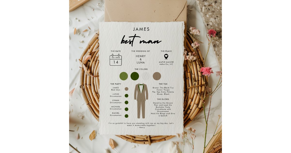 Modern Best Man Wedding Party Info Card | Zazzle