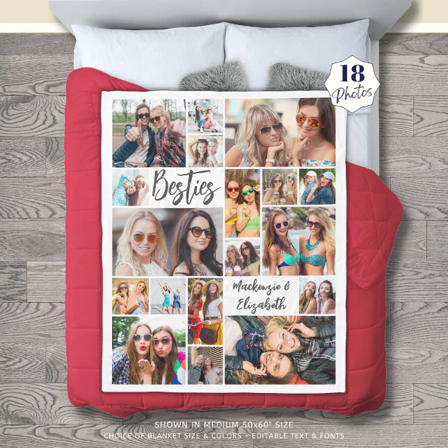 Modern Besties 18 Photo Collage Script Fleece Blanket | Zazzle