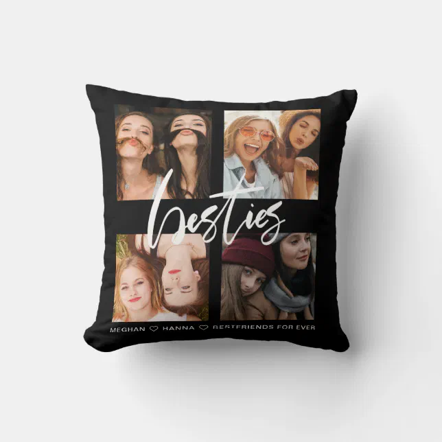 Modern Besties black photo collage best friends Throw Pillow | Zazzle