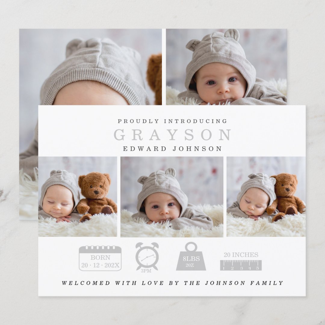 Modern Birth Announcement With Stats Icons Card | Zazzle