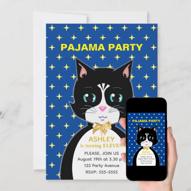 Modern Birthday Cat Pajama Party Invitation | Zazzle