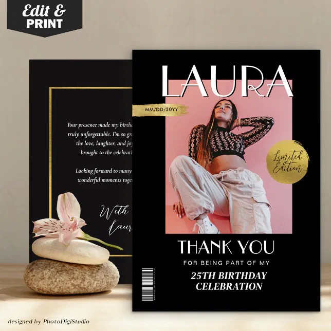 Modern Birthday Custom Magazine Cover Thank You Card | Zazzle