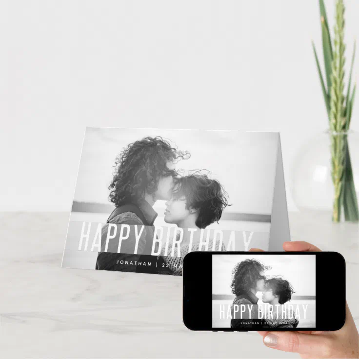 Modern Birthday Photo | Name Black & White Happy Card | Zazzle