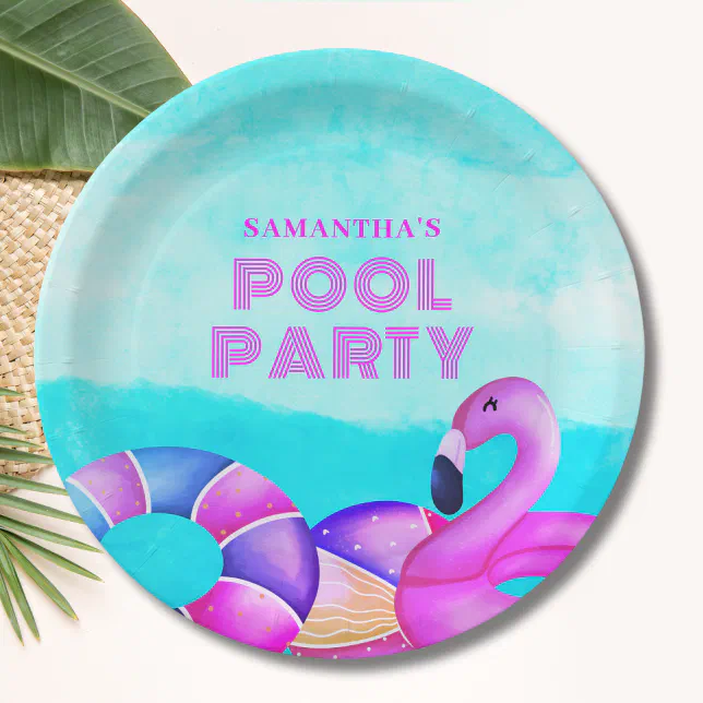 Modern Birthday Pool Party Pink Flamingo Paper Plates | Zazzle