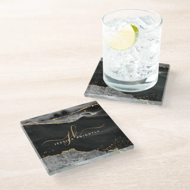 Modern Black Agate Gold Glitter Script Monogram Glass Coaster | Zazzle