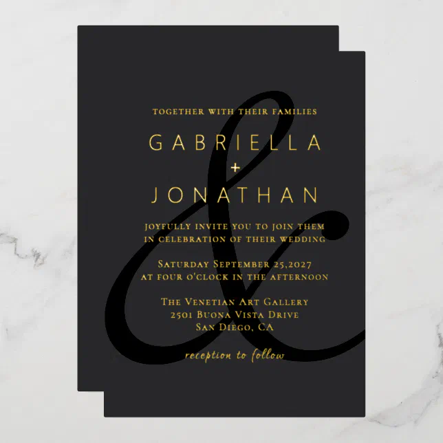 Modern Black Ampersand Wedding Gold Foil Invitation | Zazzle