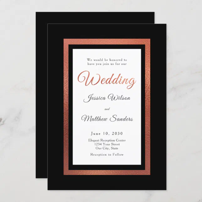 Modern Black and Copper Elegant Formal Wedding Invitation | Zazzle
