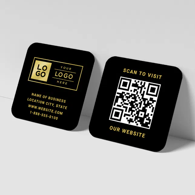 Modern Black and Gold Custom Logo and QR Code Square Business Card | Zazzle