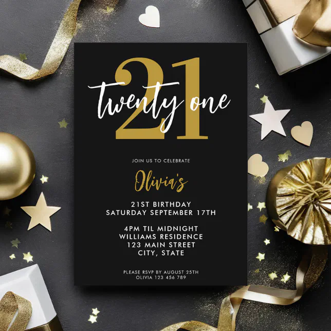 Modern Black and Gold Elegant 21st Birthday Invitation | Zazzle