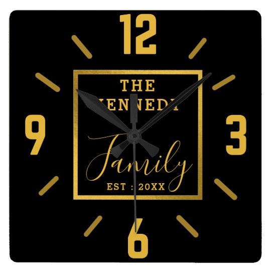 Modern Black And Gold Family Name Personalized Square Wall Clock ...