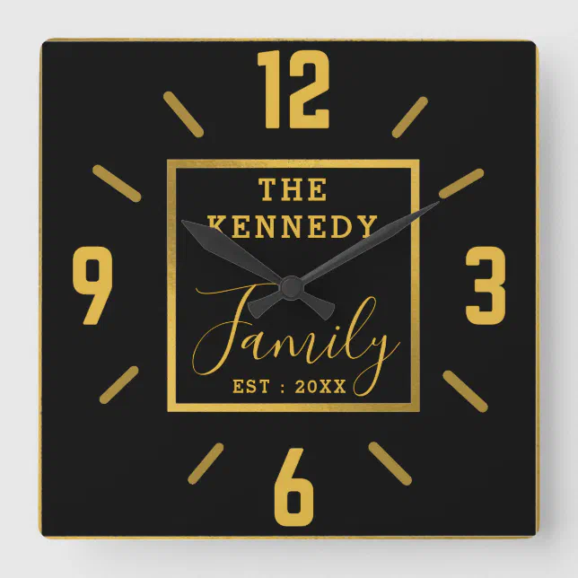 Modern Black And Gold Family Name Personalized Square Wall Clock | Zazzle