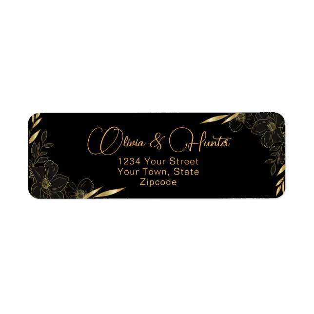 Modern Black and Gold Floral wedding address Label | Zazzle