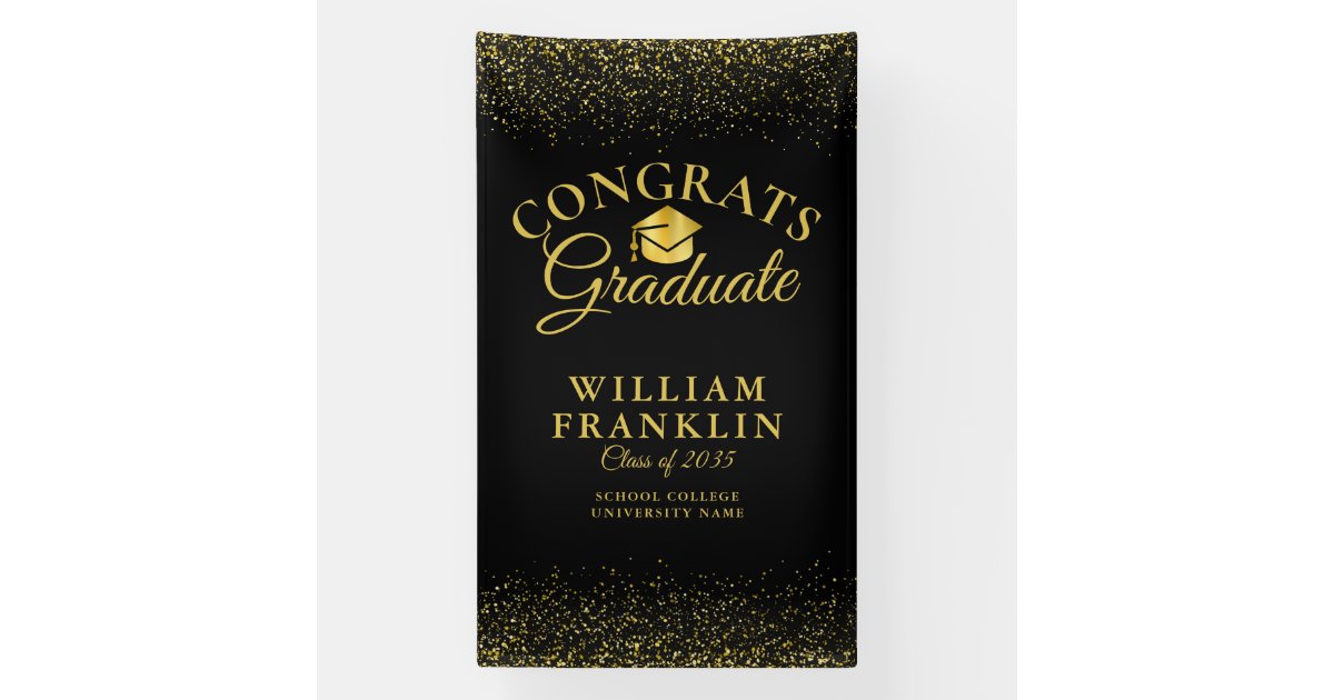 Modern Black And Gold Glitter Graduation Banner | Zazzle