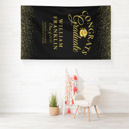 Modern Black And Gold Glitter Graduation Banner | Zazzle