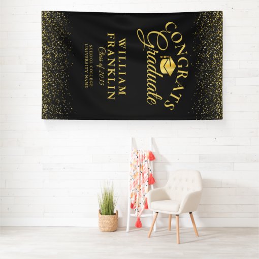 Modern Black And Gold Glitter Graduation Banner | Zazzle