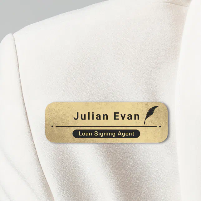 Modern Black and Gold Notary Public Quill Icon Name Tag | Zazzle