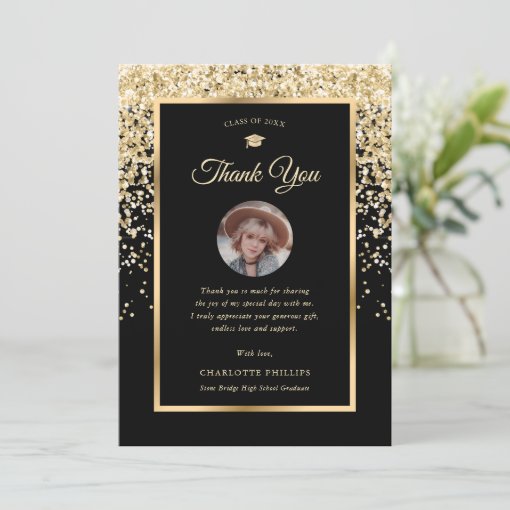 Modern Black and Gold Photo Graduation Thank You Card | Zazzle