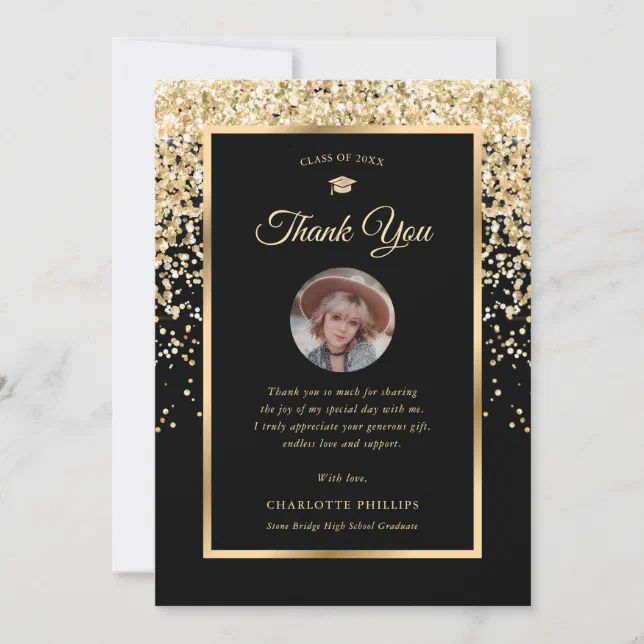 Modern Black and Gold Photo Graduation Thank You Card | Zazzle