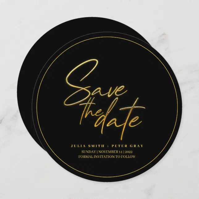 Modern Black and Gold Round Save The Date Invitation | Zazzle