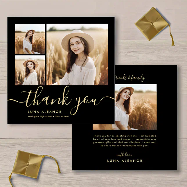 Modern Black and Gold Script 4 Photo Graduation Thank You Card | Zazzle