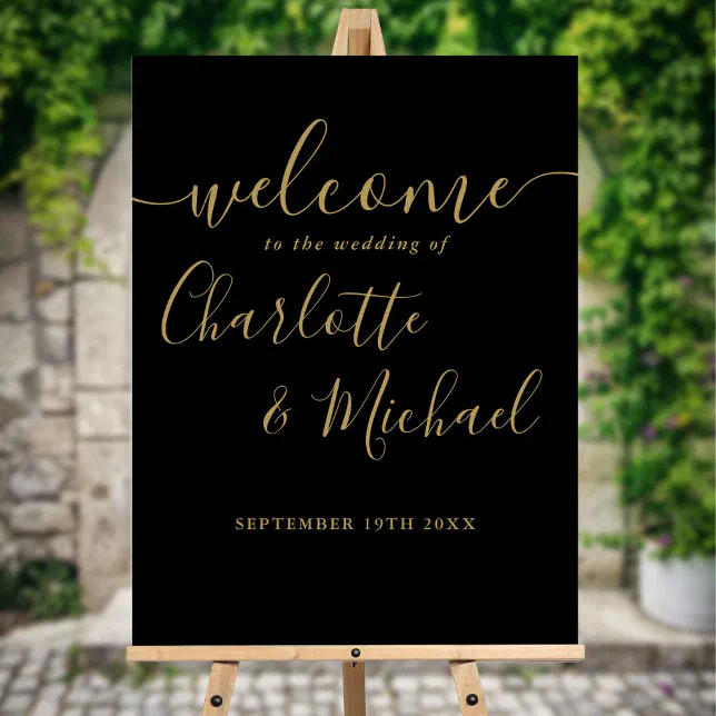 Modern Black And Gold Script Wedding Welcome Sign | Zazzle