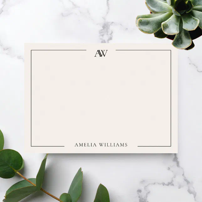 Modern Black and Ivory Minimalist Elegant Monogram Note Card | Zazzle