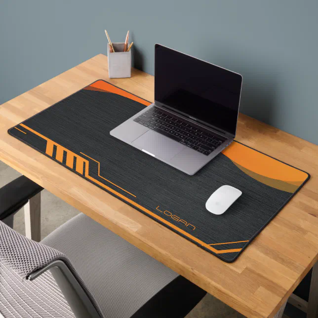 Modern Black and Orange Personalized Desk Mat | Zazzle