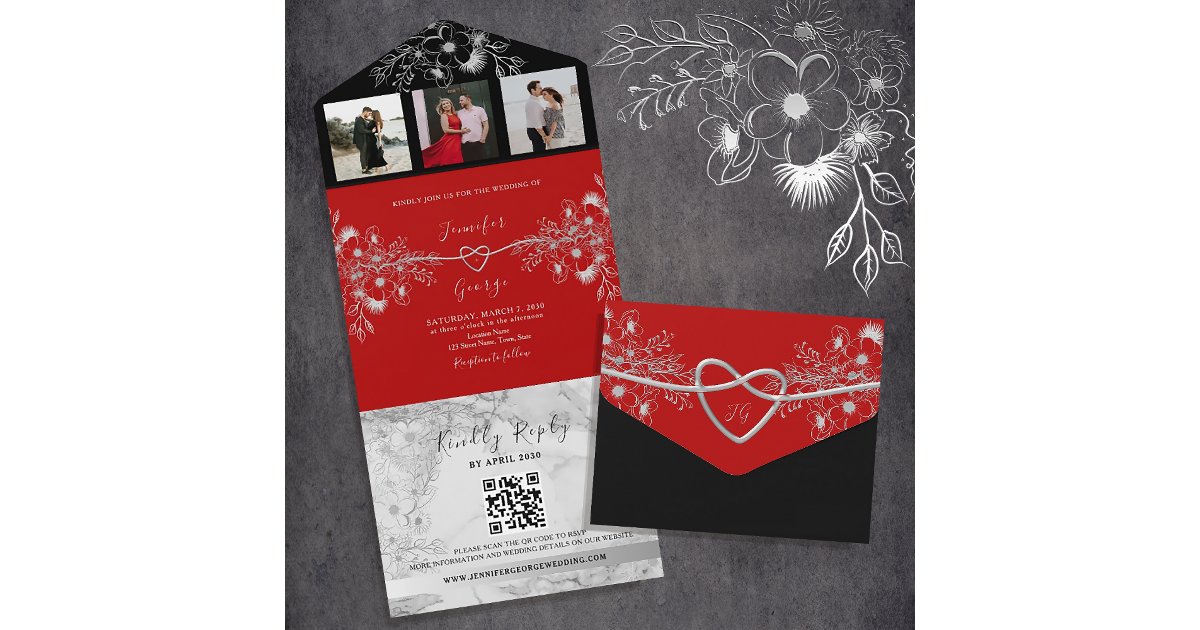 Modern Black and Red QR Code Wedding All In One Invitation | Zazzle