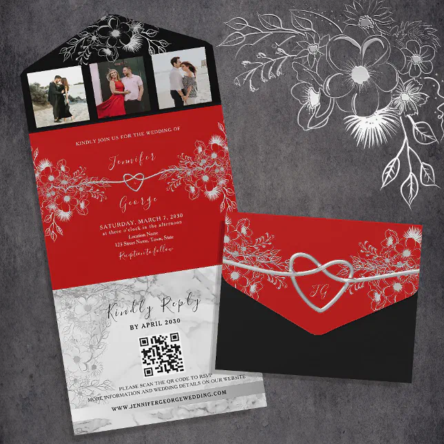 Modern Black and Red QR Code Wedding All In One Invitation | Zazzle
