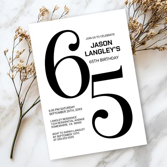 Modern Black and White 65th Birthday Party Invitation | Zazzle
