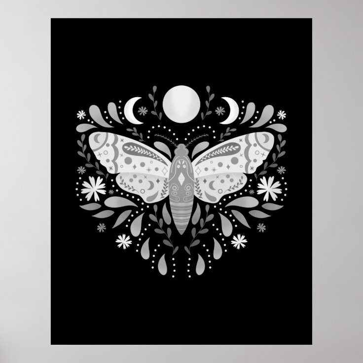 Modern Black And White Abstract Moth Illustration Poster | Zazzle